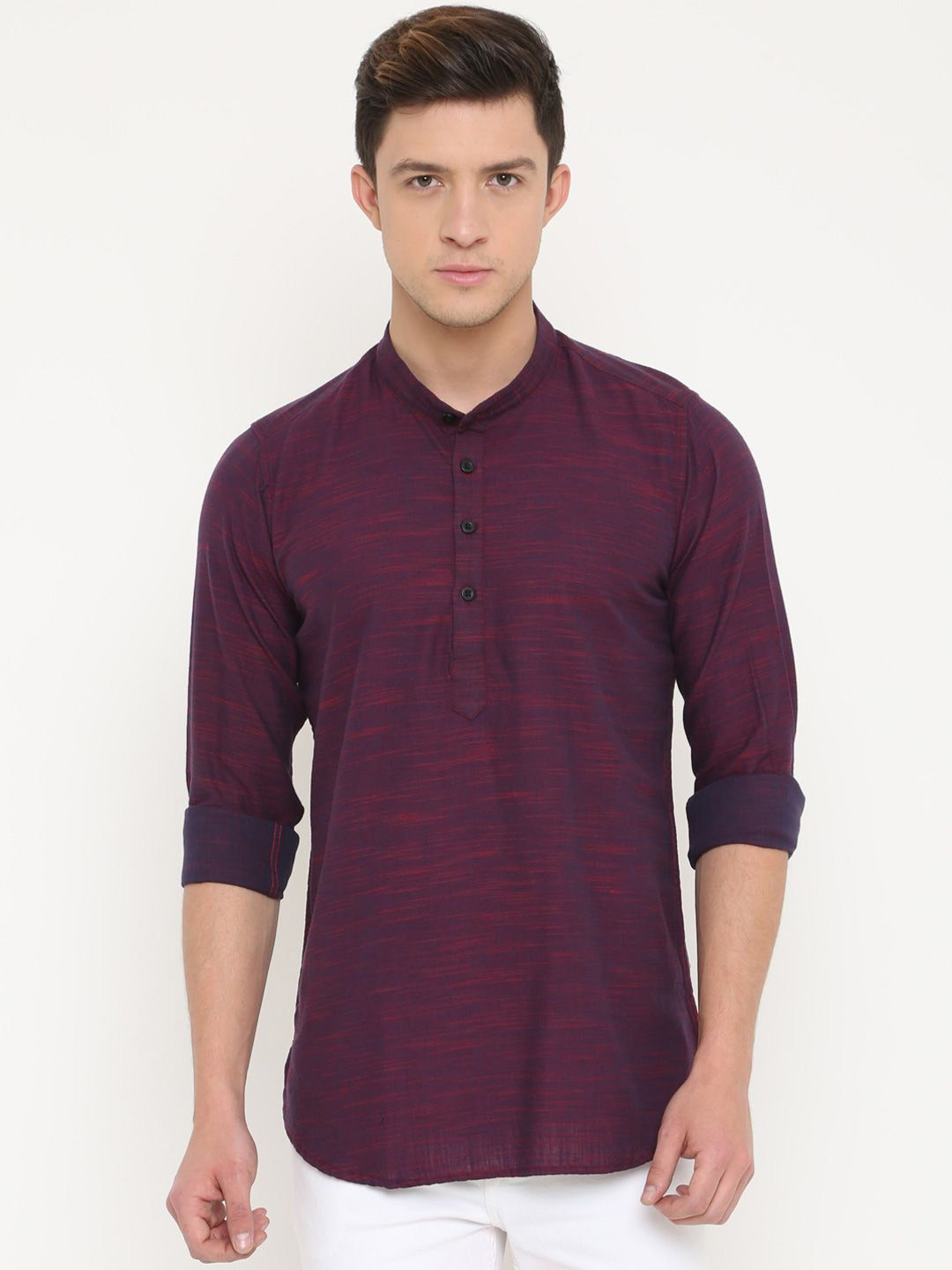 Buy Cross Court Woven Design Mandarin Collar Cotton Straight Kurta ...