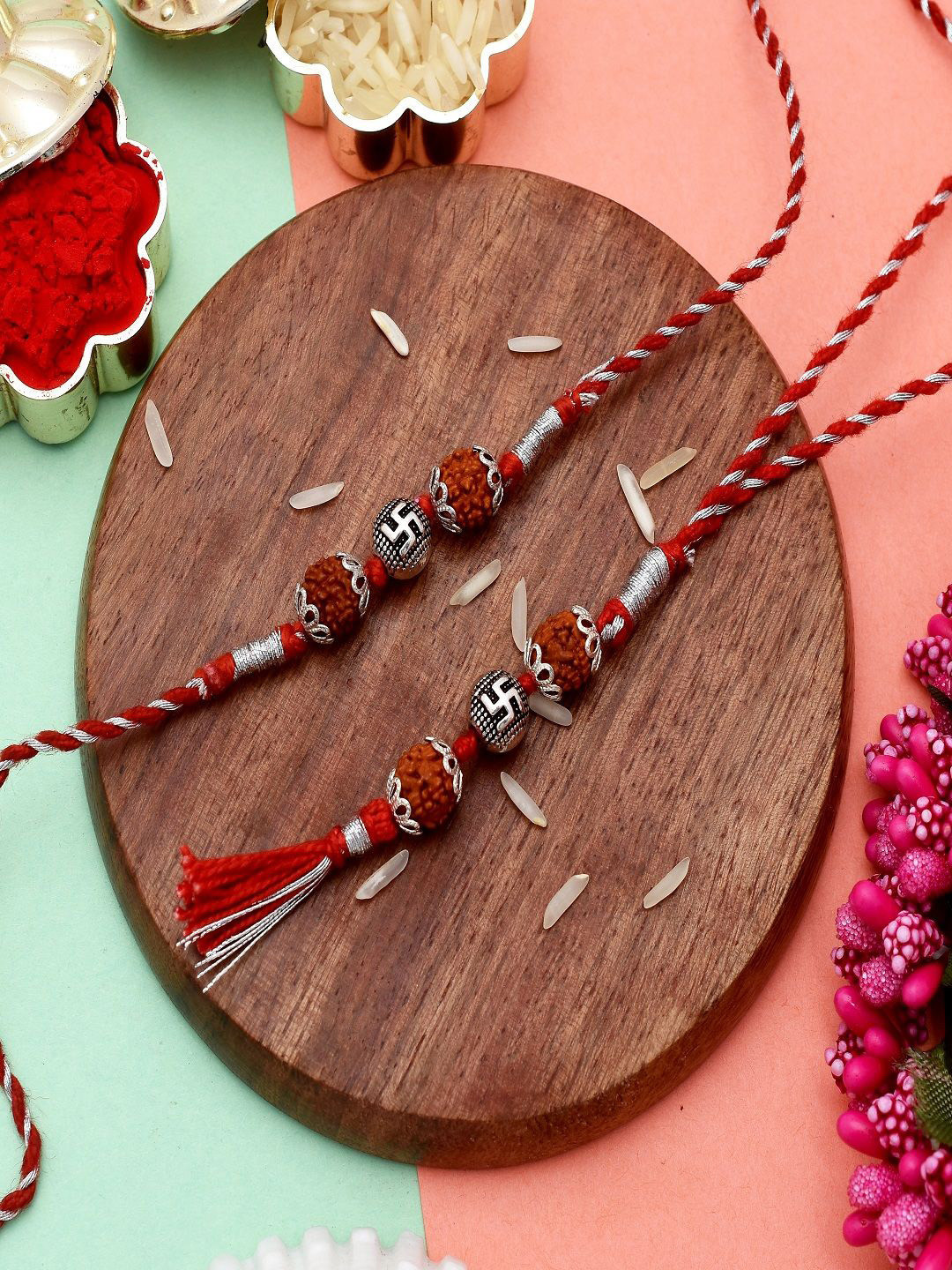 Buy Abhooshan Set Of 2 Rudraksha Swastik Beaded Thread Lumba Rakhi With ...