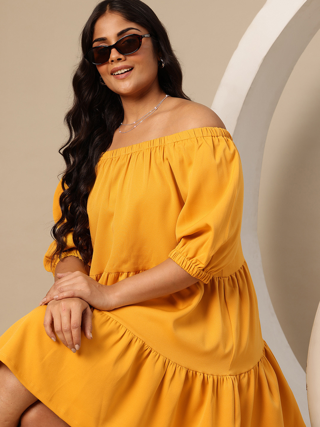 Buy Sztori Plus Size Off Shoulder Puff Sleeves Tiered A Line Dress ...