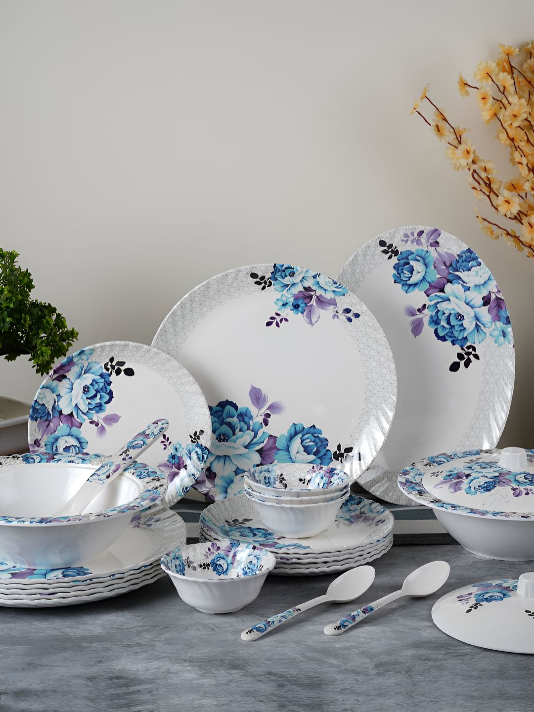 Buy Aura White & Blue 41 Pieces Floral Printed Glossy Dinner Set ...