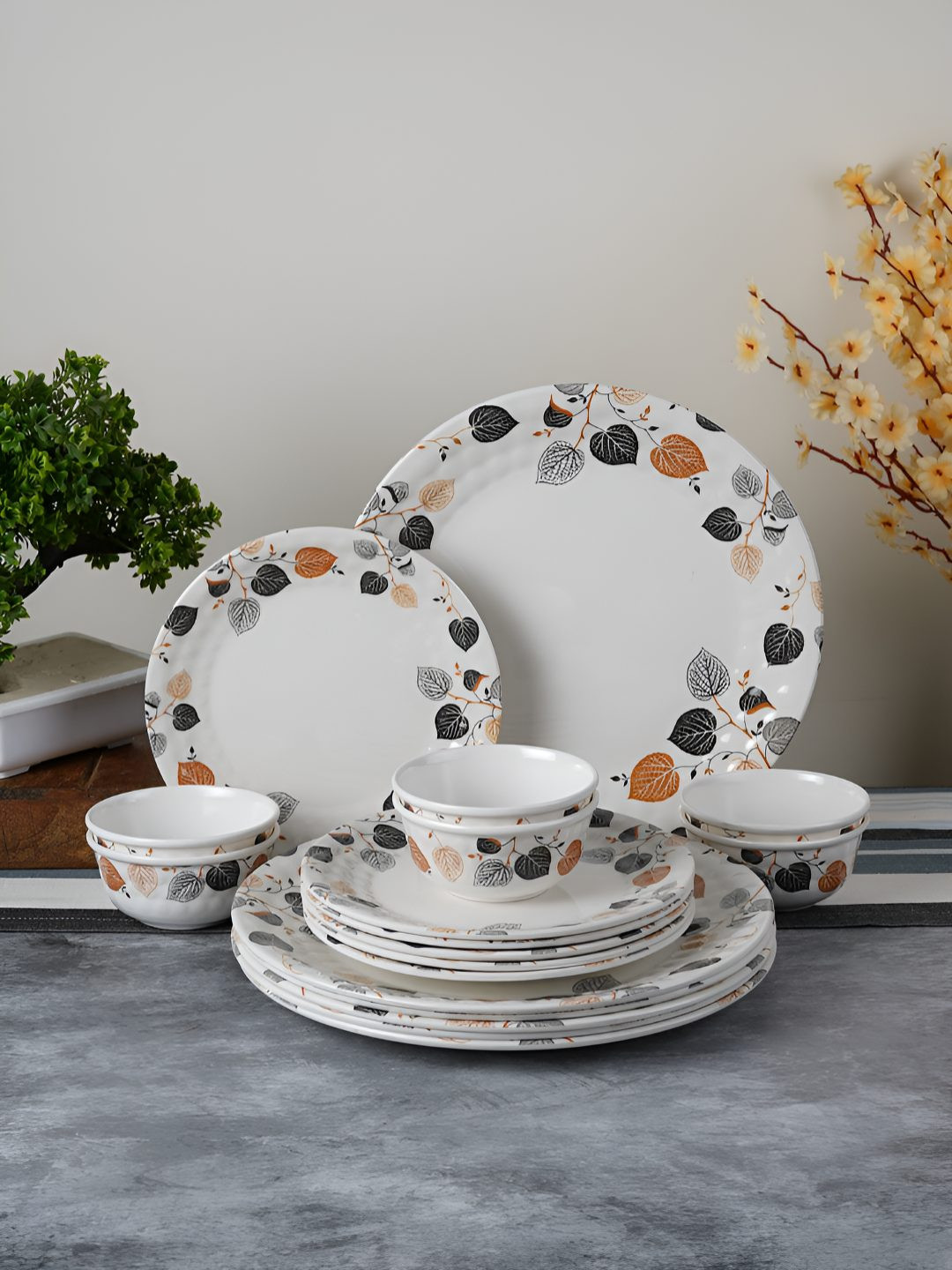 Buy Aura White & Black 18 Pieces Floral Printed Glossy Dinner Set ...