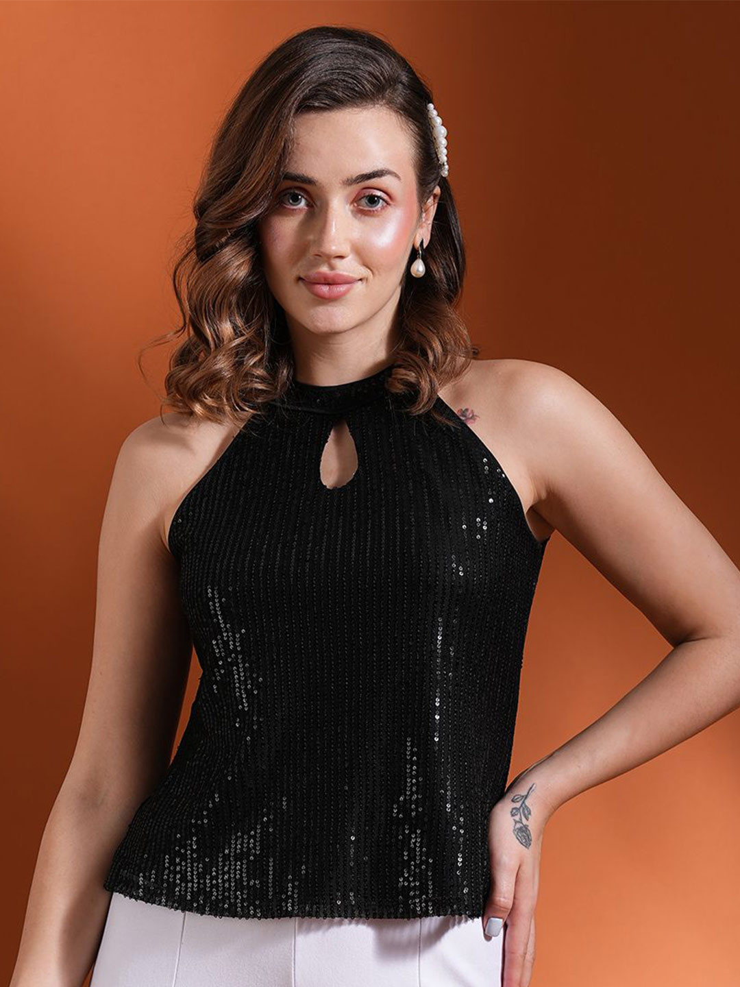 Buy Globus Halter Keyhole Neck Sequinned Party Top - Tops for Women ...