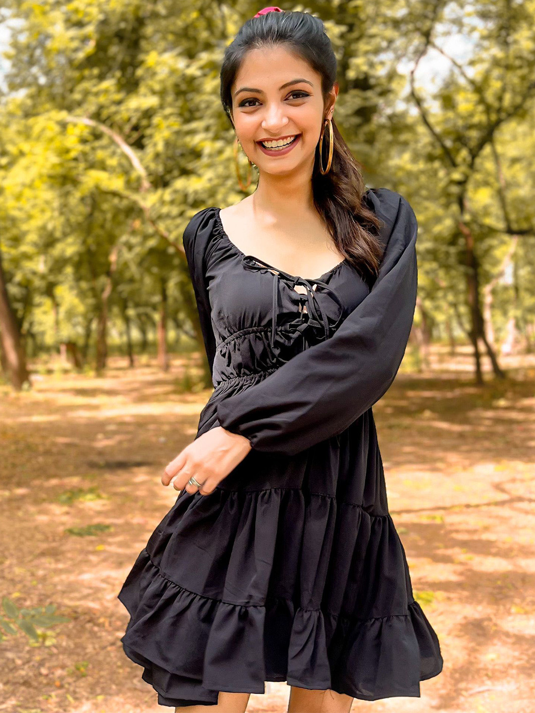 Buy TANDUL Tie Up Neck Long Sleeves Layered Cotton Fit & Flare Dress ...