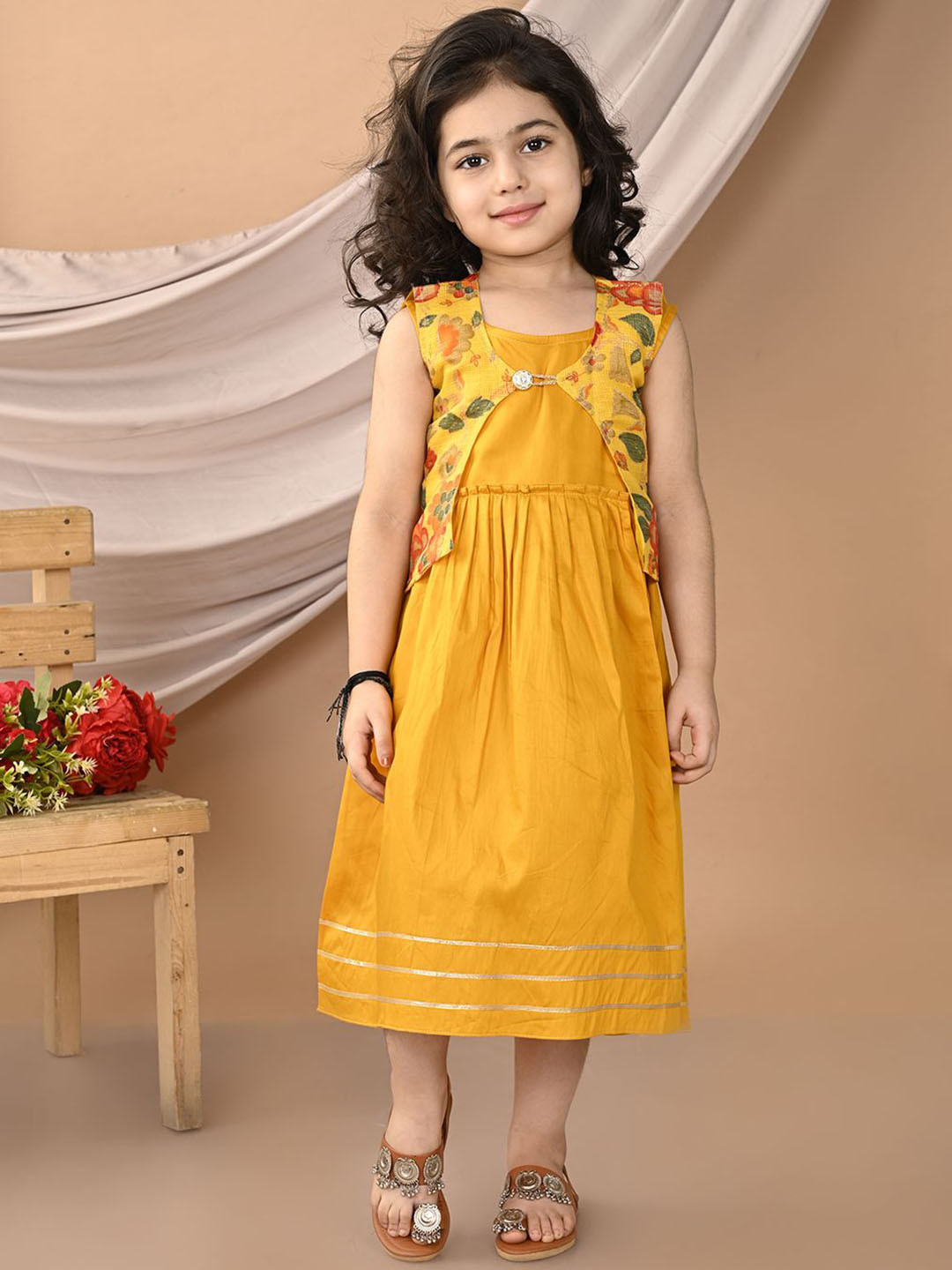 Buy Sangria Girls Ethnic Dress With Floral Sleevelss Jacket - Ethnic ...