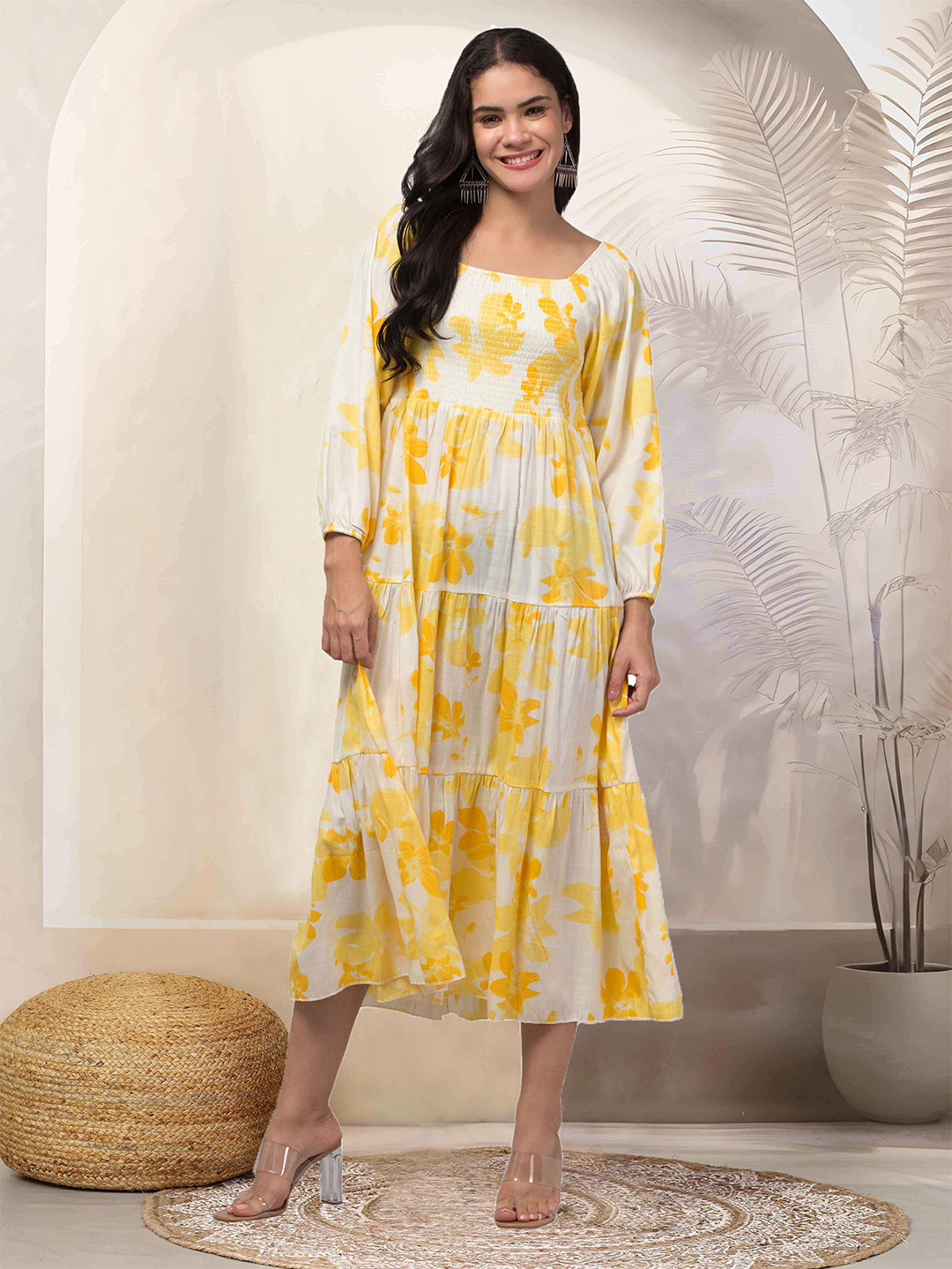 Buy Clora Creation Floral Printed Square Neck Puff Sleeve Fit And Flare ...