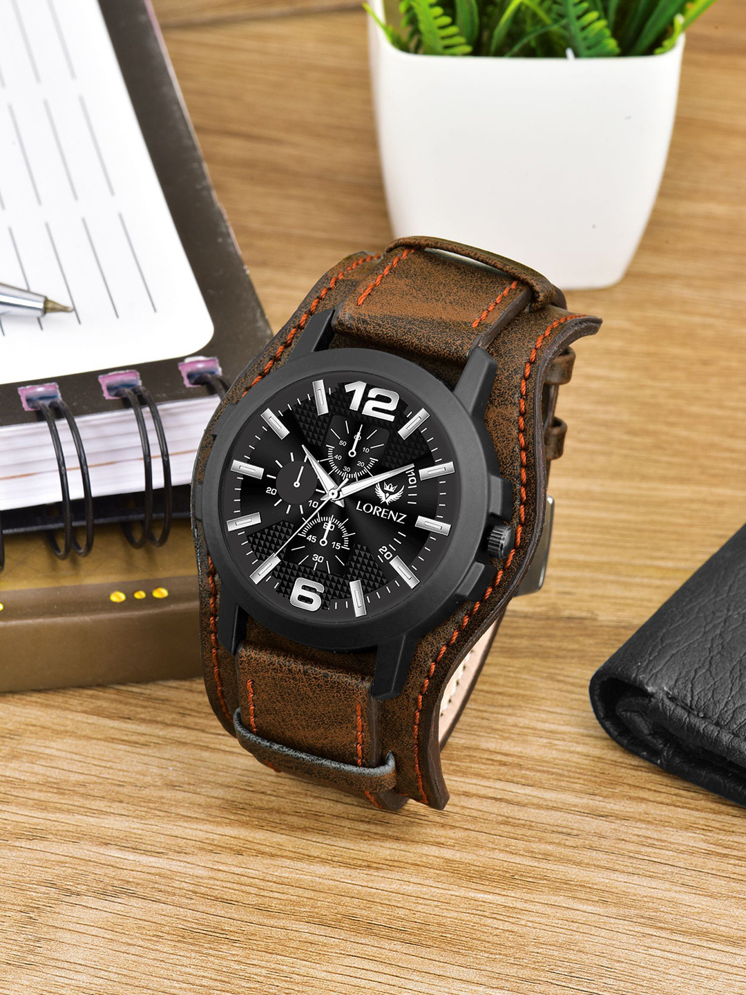 Buy LORENZ Men Brass Patterned Dial & Leather Bracelet Style Straps ...