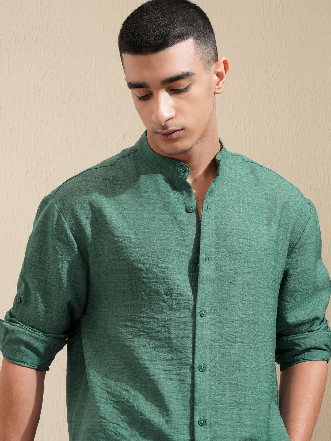 Buy HIGHLANDER Men Mandarin Collar Solid Polyester Relaxed Fit Casual ...