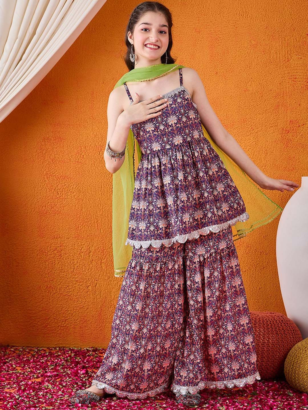 Buy Cherry & Jerry Girls Ethnic Motifs Printed Empire A Line Kurti With ...