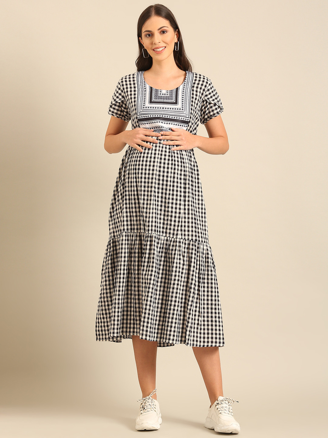Buy NIGHTSPREE Checked Puff Sleeves Maternity Fit & Flare Dress ...