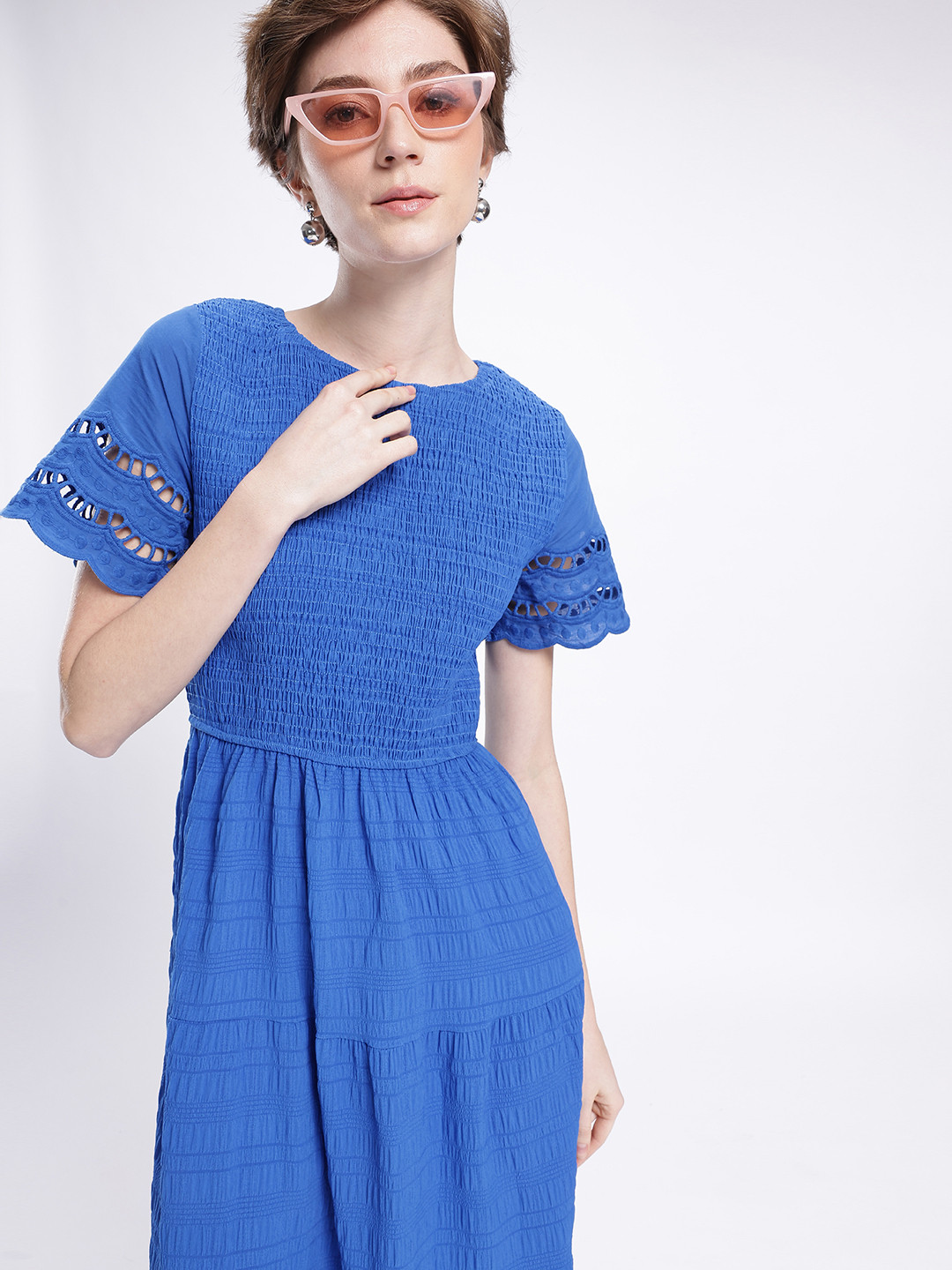 Buy French Connection Smocked Self Checked Tiered A Line Midi Dress ...