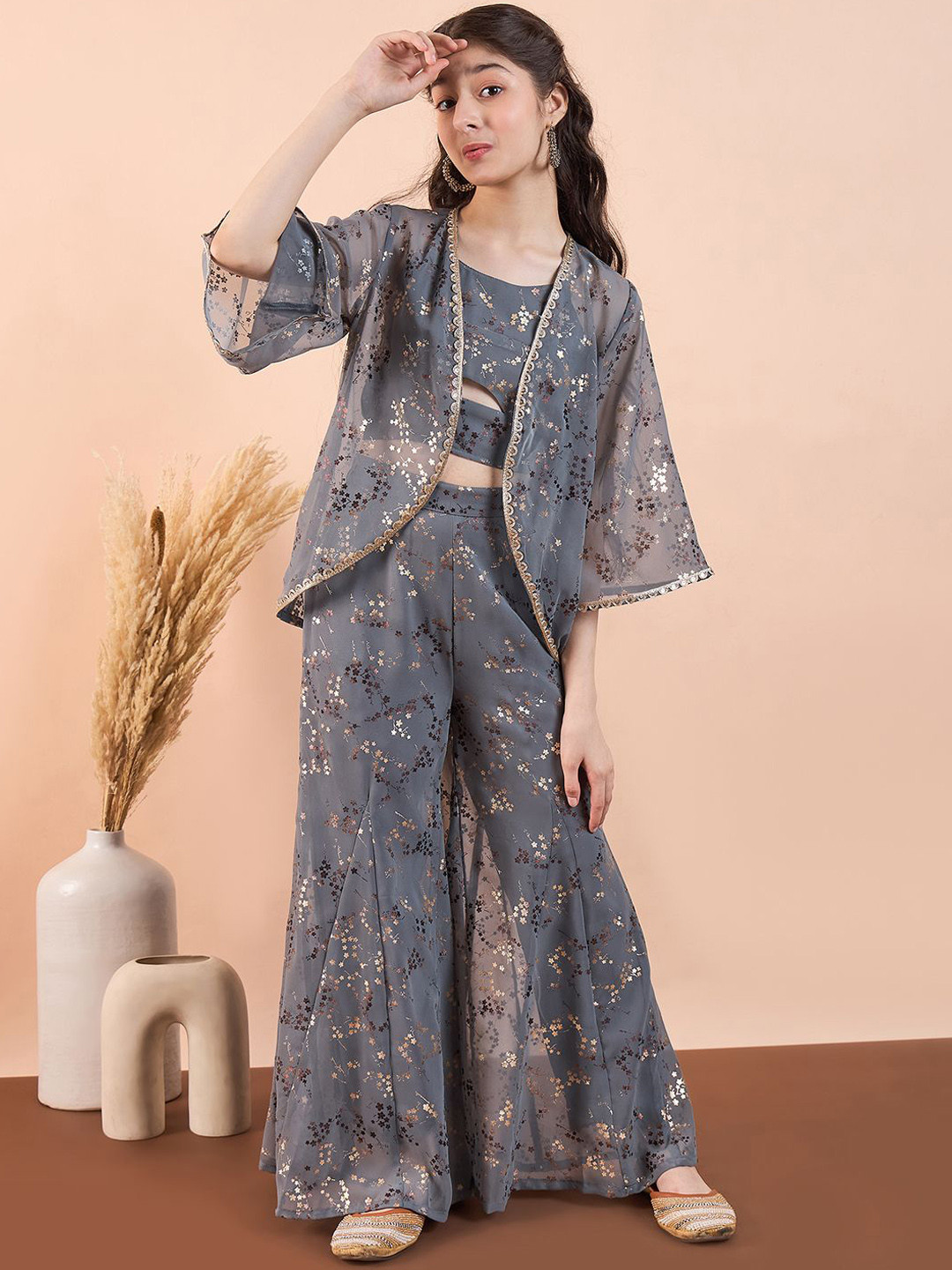 Buy Stylo Bug Girls Printed Shoulder Straps Top With Palazzos & Jacket ...