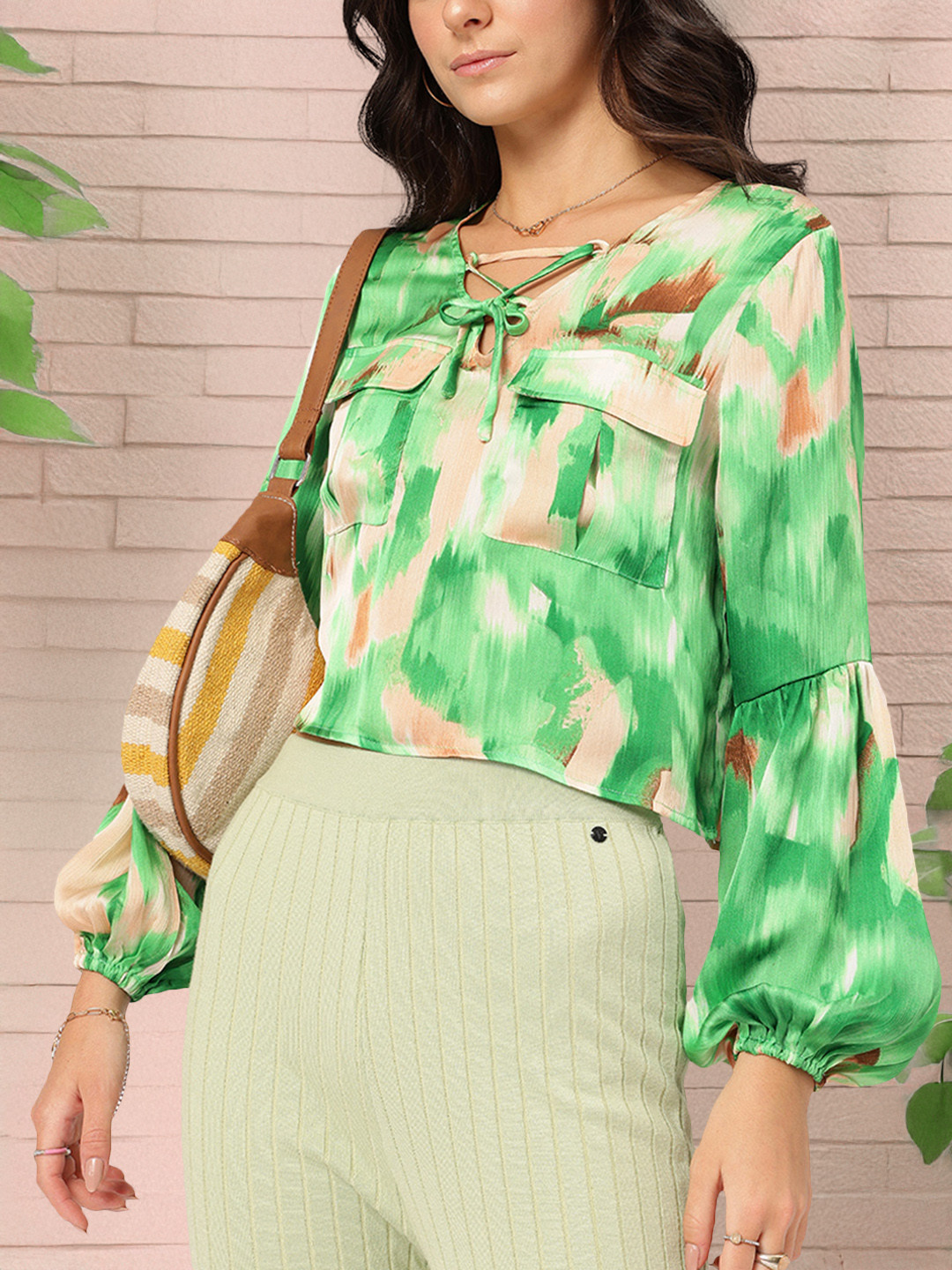 Buy DressBerry Modern Muse Printed Lace Up Flap Pocketed Satin Top ...