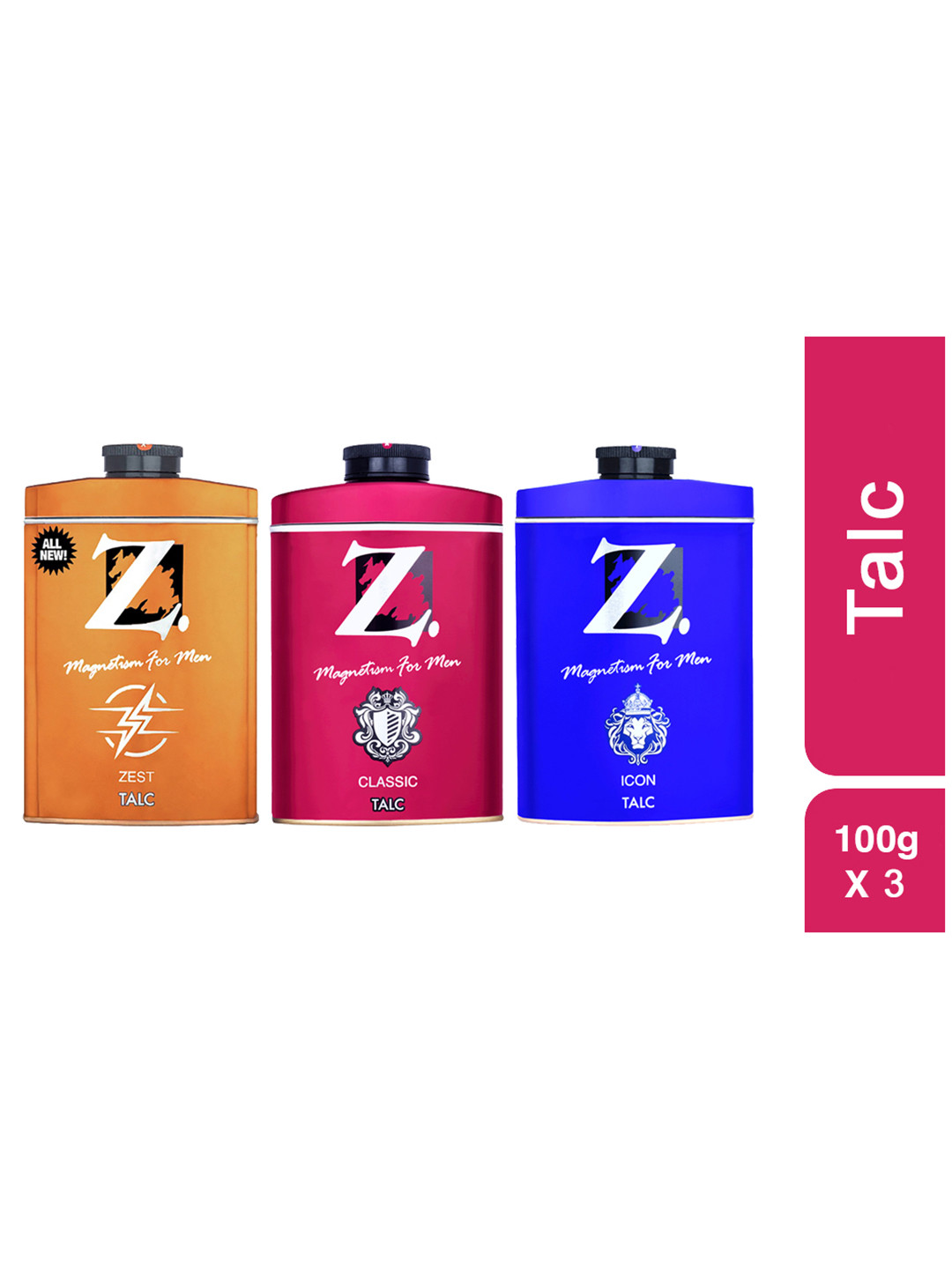 Buy Z MAGNETISM FOR MEN Set Of 3 Pcs Zest, Classic & Icon Talc 100g ...