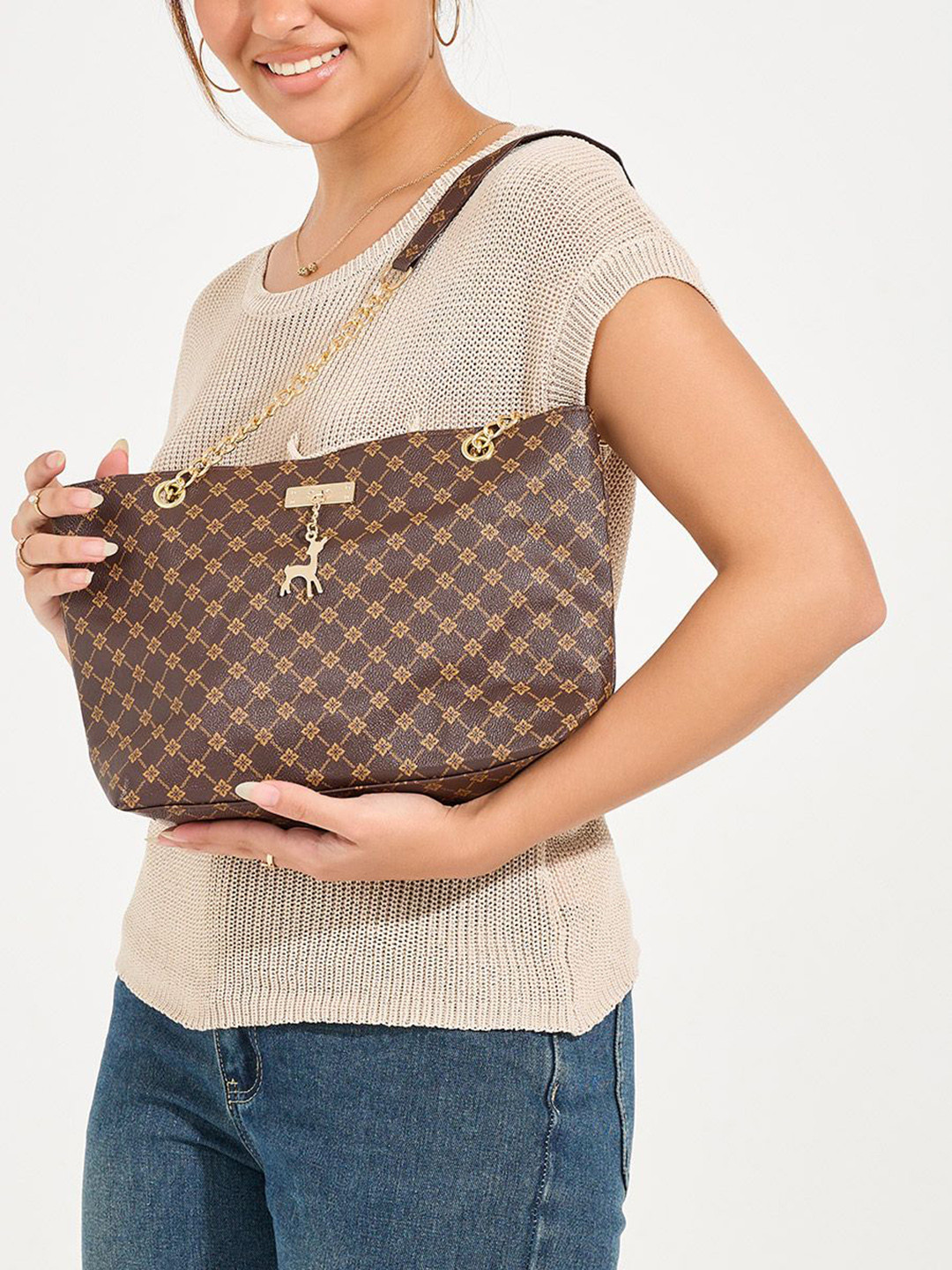 Buy Styli Brown Printed Embellished Structured Shoulder Bag - Handbags ...