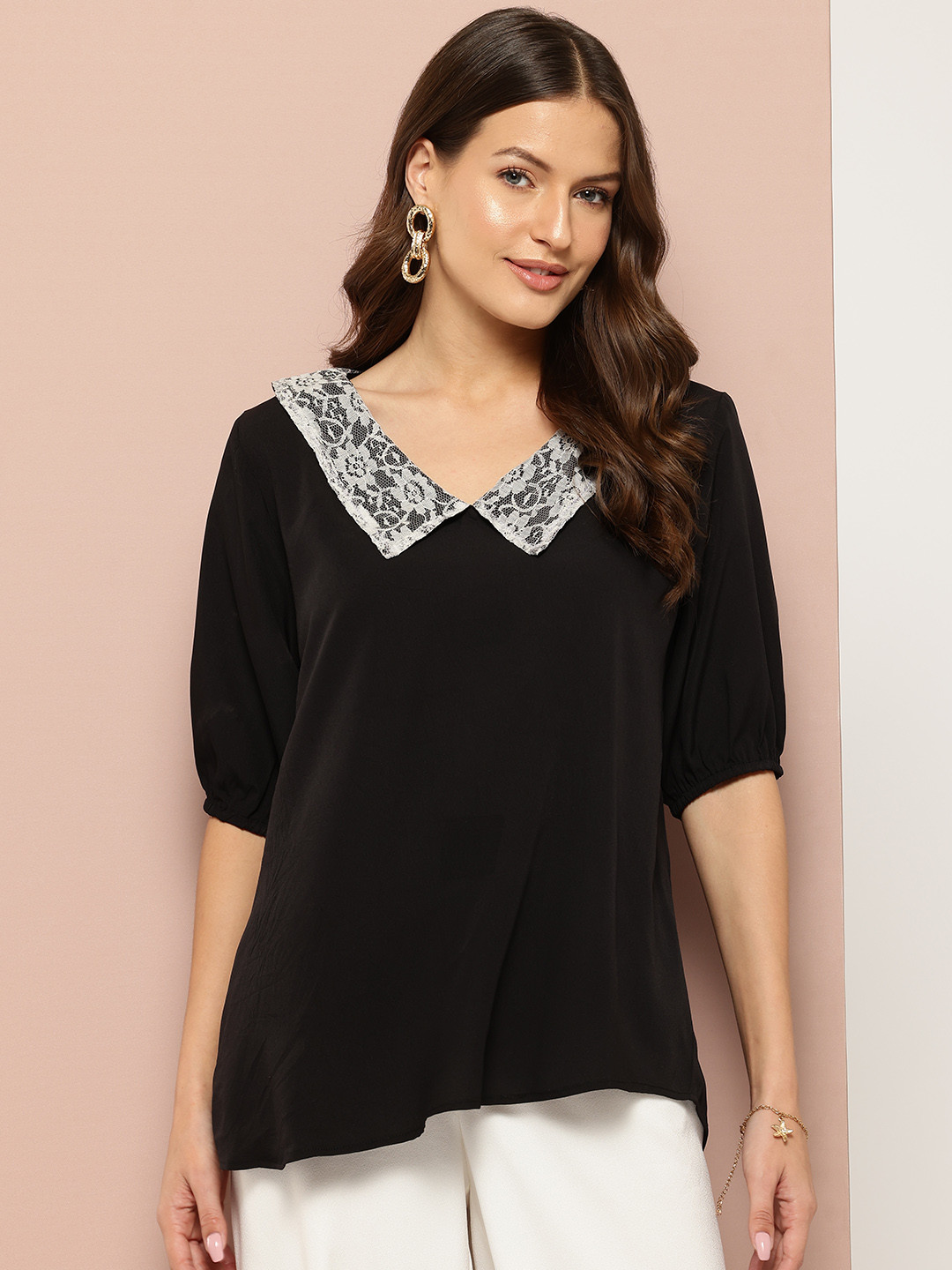 Buy Qurvii Peter Pan Collar Puff Sleeves Crepe Boxy Top With Lace ...