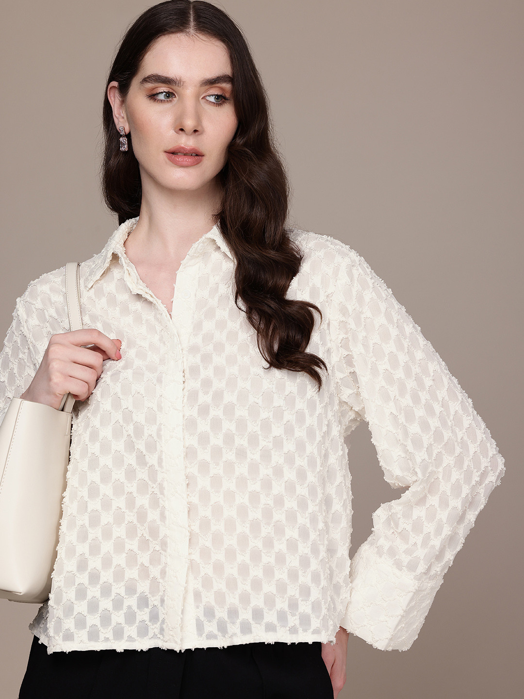 Buy Bebe Self Design Textured Semi Sheer Relaxed Fit Casual Shirt ...