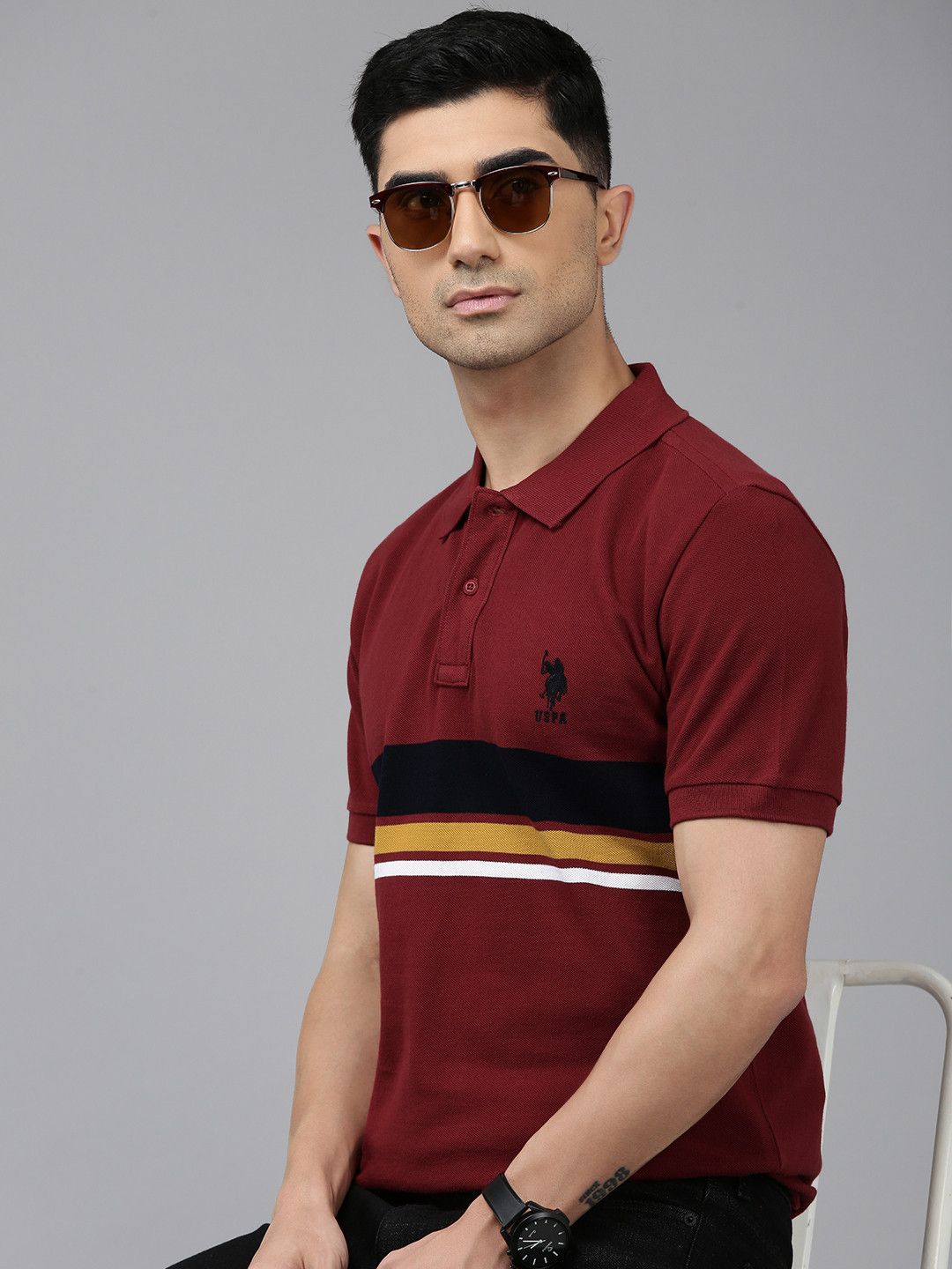 Buy U.S. Polo Assn. Striped Slim Fit Pure Cotton Polo Collar T Shirt ...
