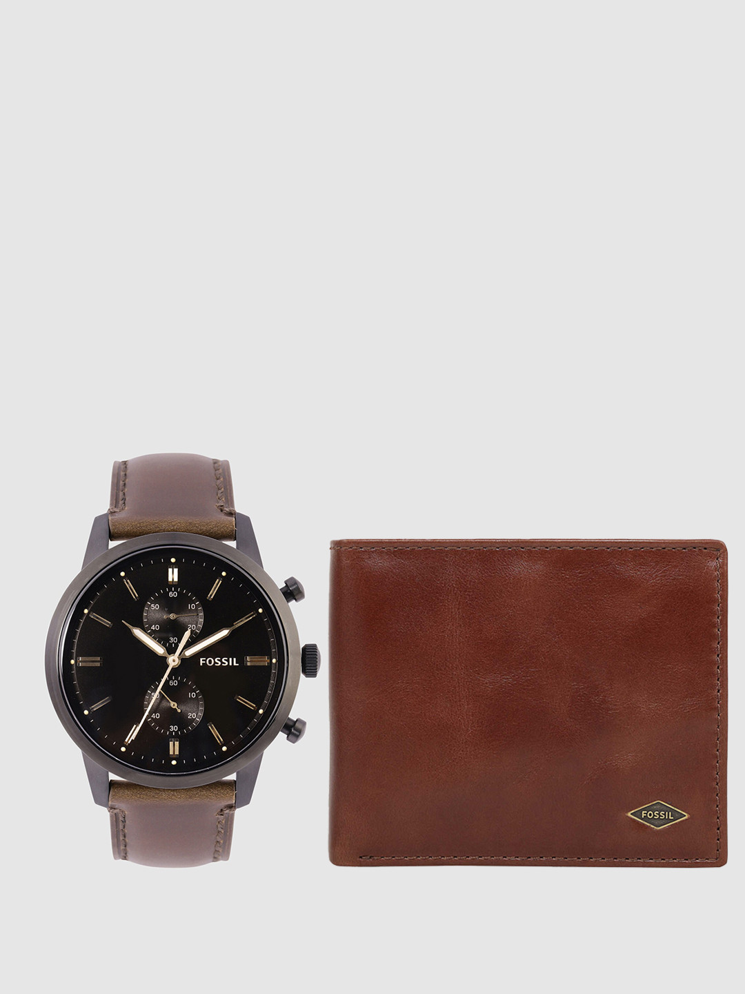 Buy Fossil Men Set Of 2 Leather Two Fold Wallet With Analogue Watch ...