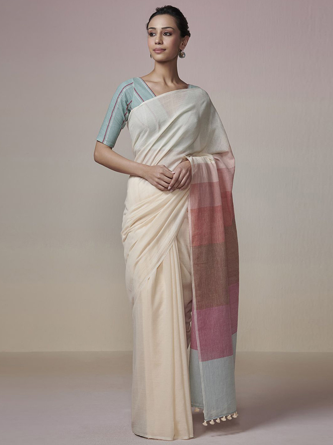 Buy DRESSFOLK Handloom Cotton Ivory Saree With Colorful Stripes In ...