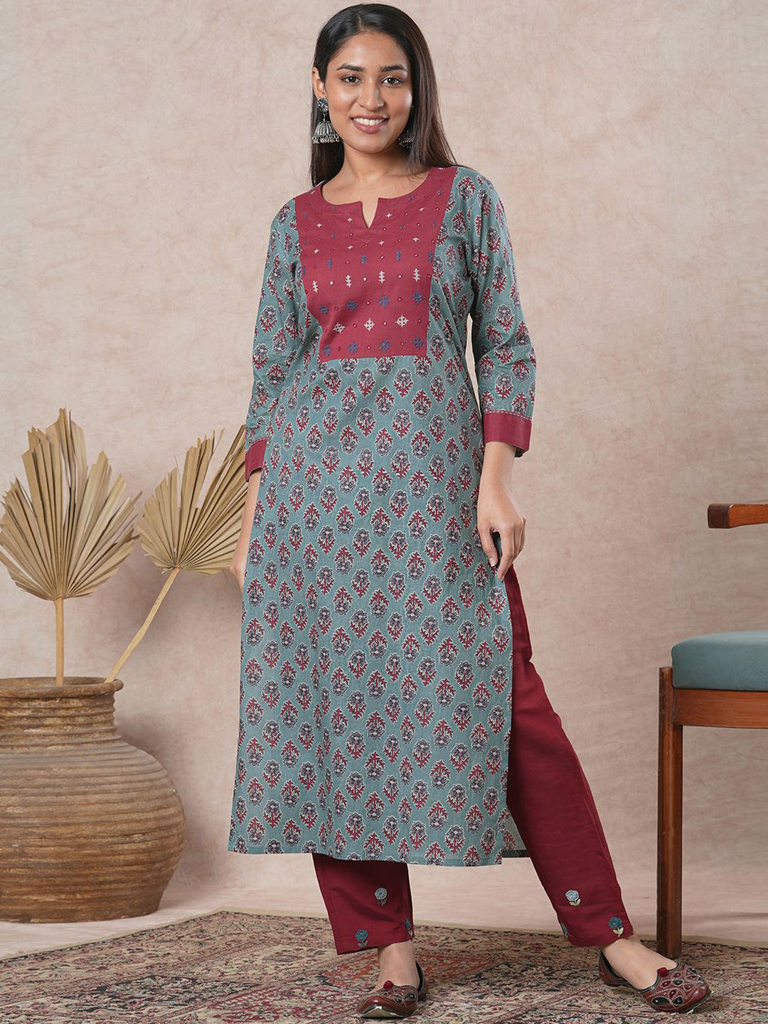 Buy KAMI KUBI Floral Printed Notch Neck Mirror Work Pure Cotton ...