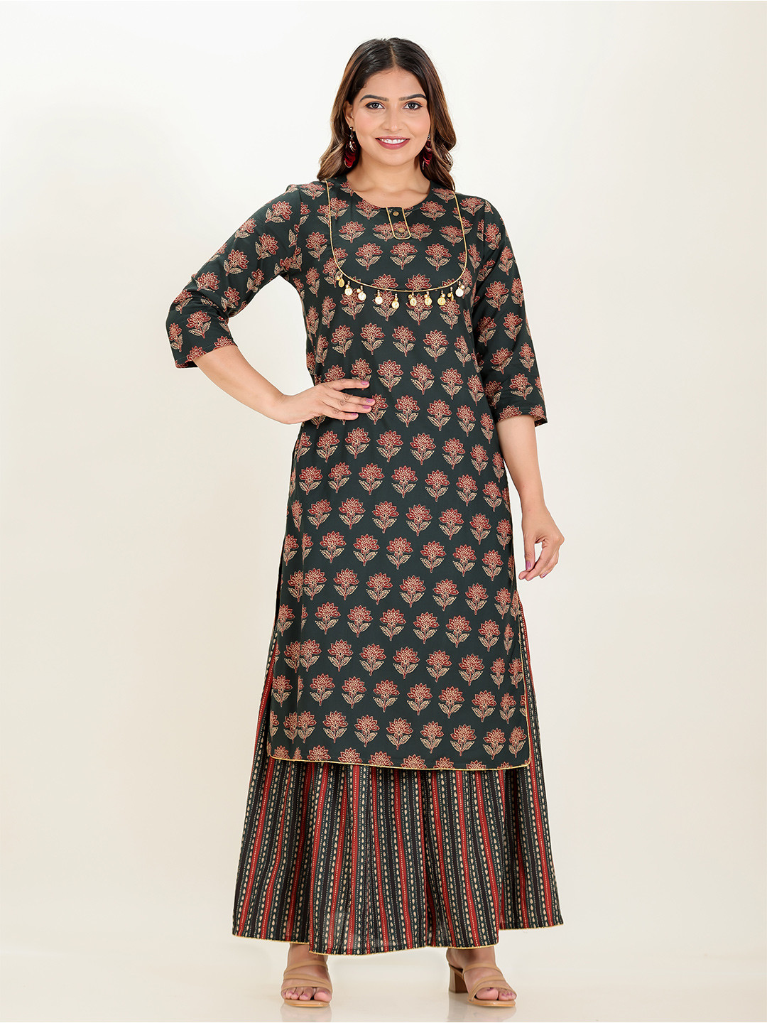 Buy Aramya Ethnic Motifs Ajrakh Printed Beads & Stones Pure Cotton ...