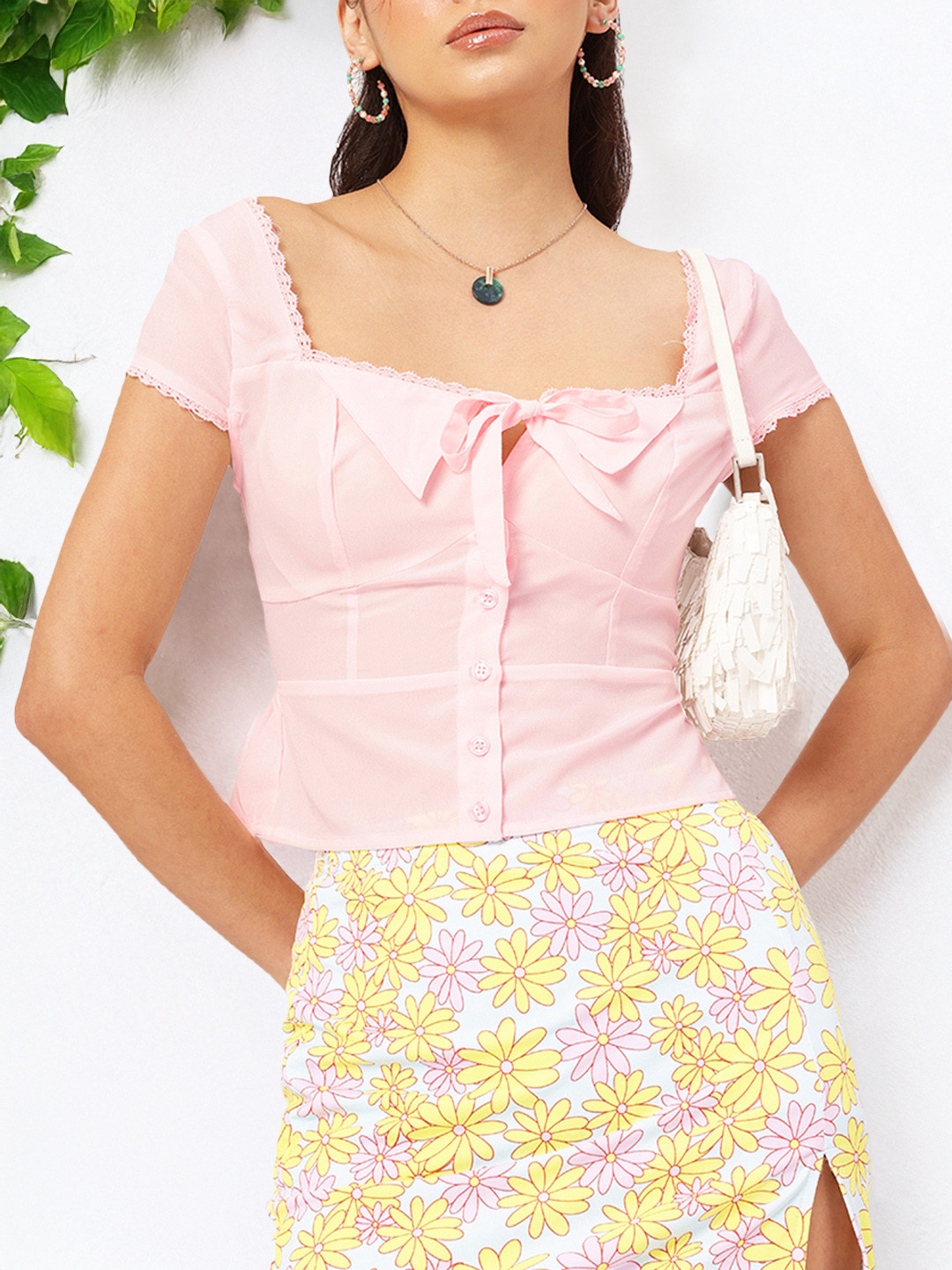 Buy DressBerry Lace Inserts Smocked Shirt Style Crop Top - Tops for ...