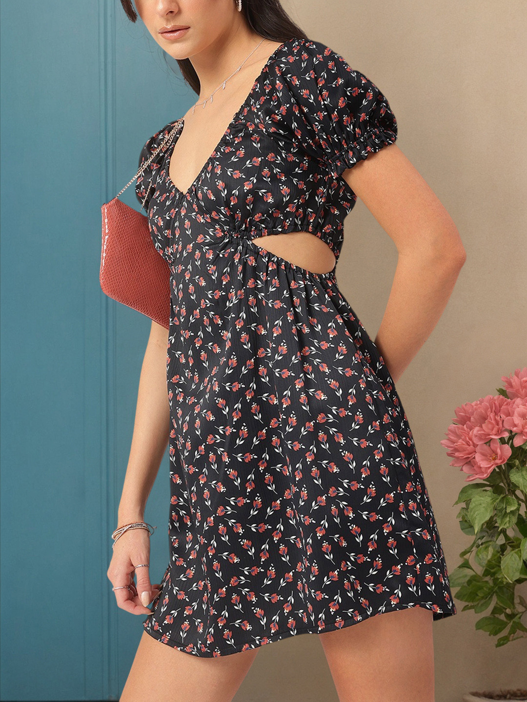 Buy DressBerry Fairy Frock Micro Printed Smocked Cut Out Mini Dress ...