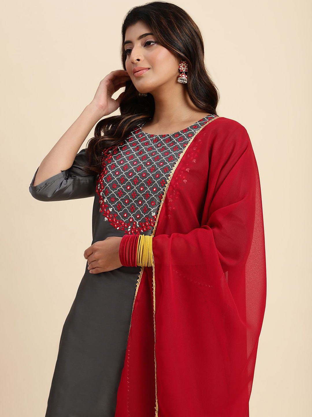 Buy V TRADITION Women Yoke Design Regular Thread Work Kurti With ...