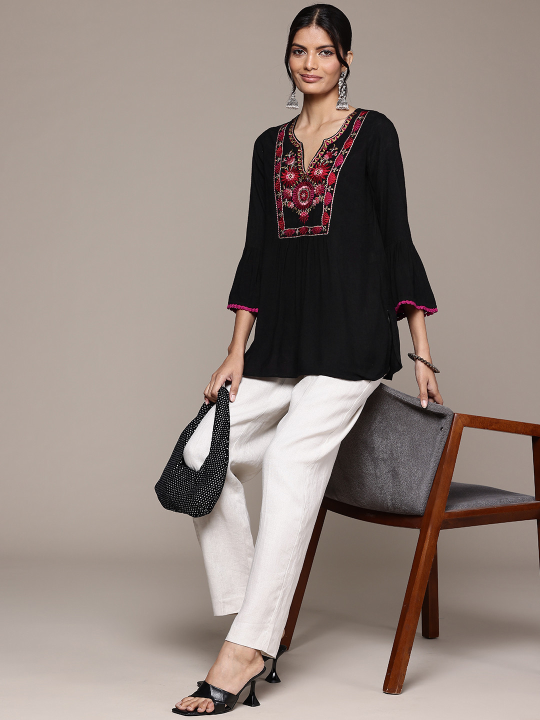 Buy Aarke Ritu Kumar Floral Embroidered Thread Work Pleated Kurti ...