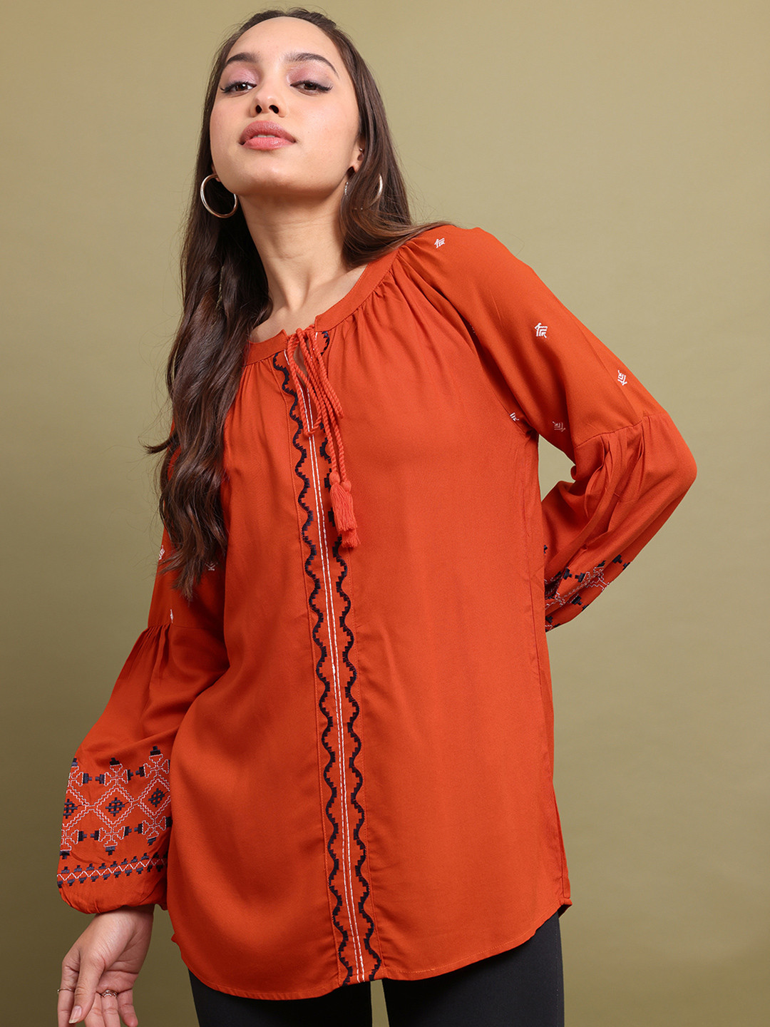 Buy Vishudh Mandarin Collar Embroidered Tunic - Tunics for Women ...