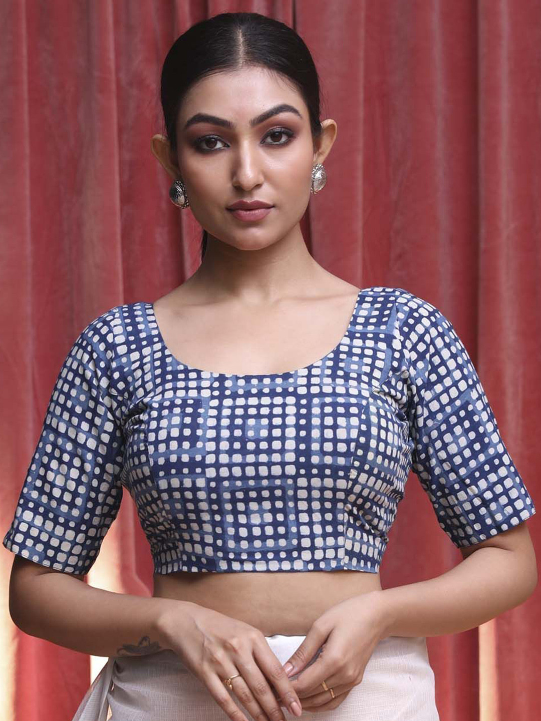 Buy Indethnic Printed Cotton U Neck Short Sleeves Saree Blouse - Saree ...