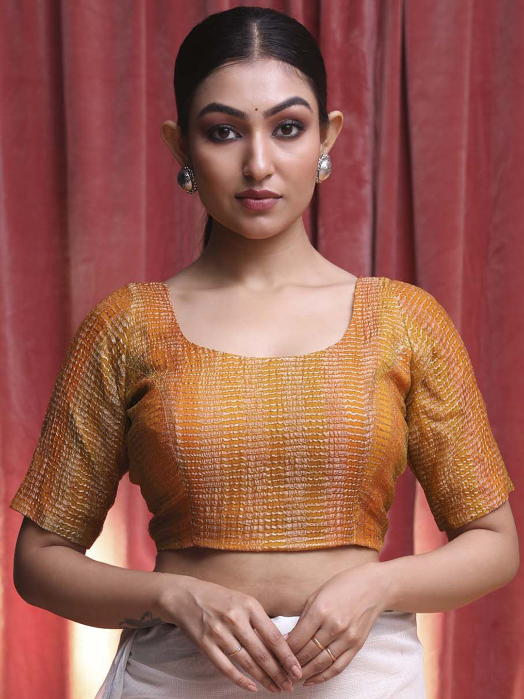 Buy Indethnic Printed U Neck Short Sleeves Saree Blouse - Saree Blouse ...