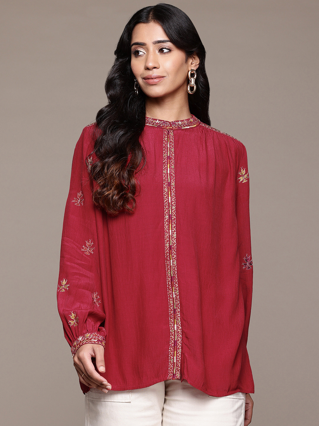 Buy Ritu Kumar Embroidered Mandarin Collar Ethnic Crepe Top - Tops for ...