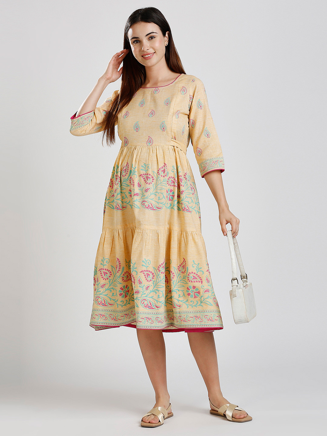 Buy DUMMY SHAPE Ethnic Printed Three Quarter Sleeves Round Neck ...