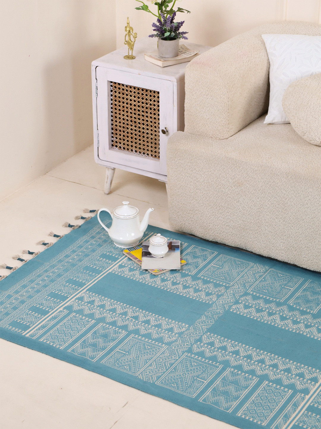 Buy Peepul Tree Handmade Teal Blue Ethnic Motifs Cotton Carpet (3X5ft ...