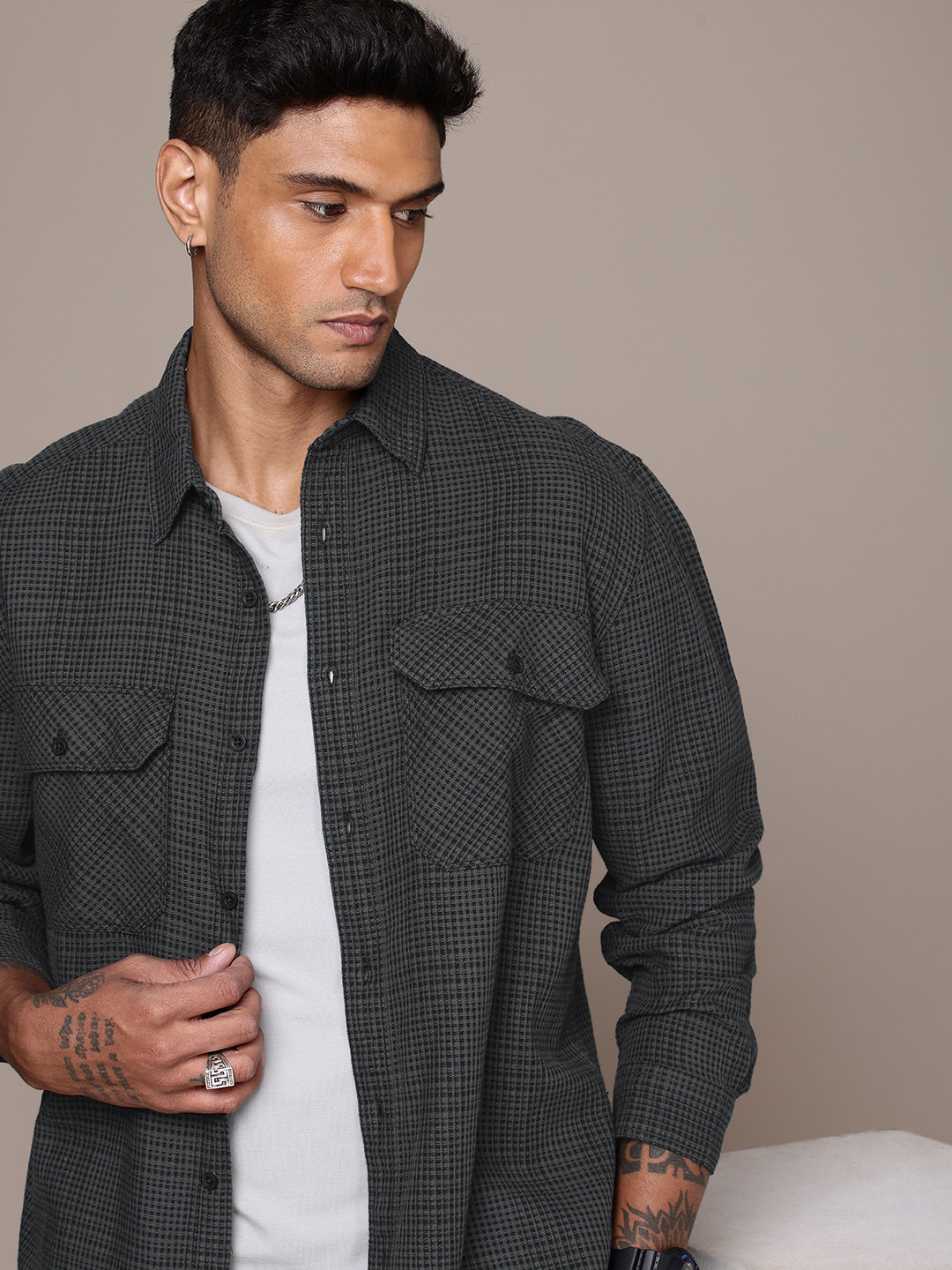 Buy The Roadster Life Co. Pure Cotton Checked Drop Shoulder Sleeves Relaxed Fit Casual Shirt ...