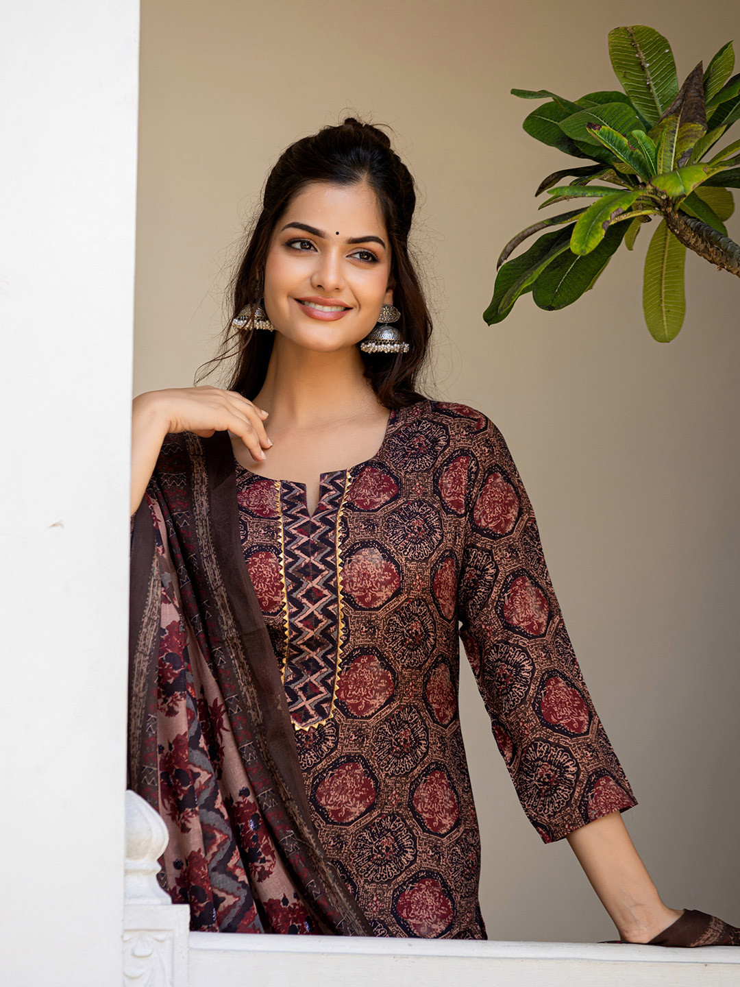 Buy KALINI Geometric Printed Notch Neck Kurta With Trousers & Dupatta ...
