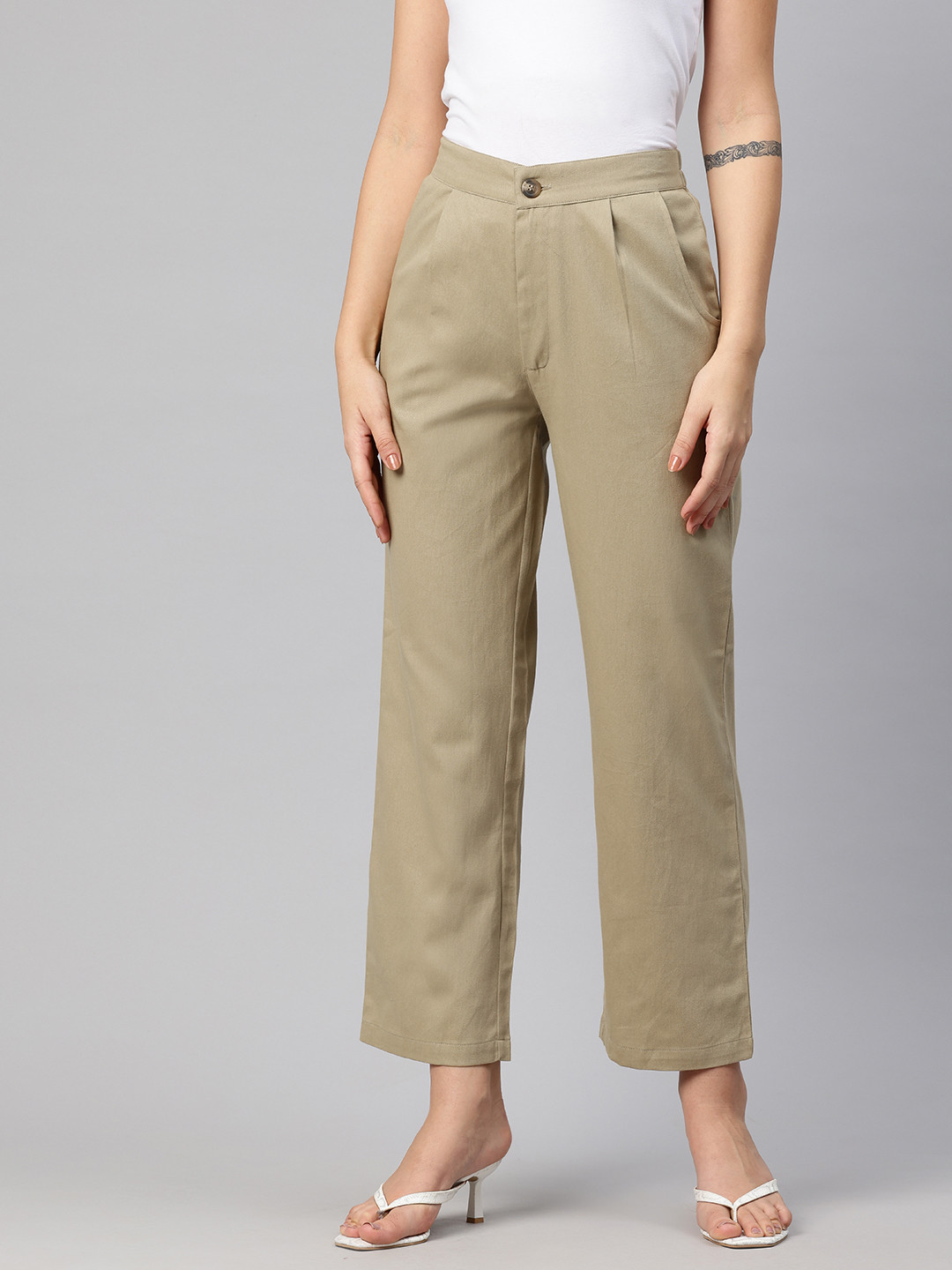 Buy Popnetic High Rise Pleated Pure Cotton Parallel Trousers - Trousers ...