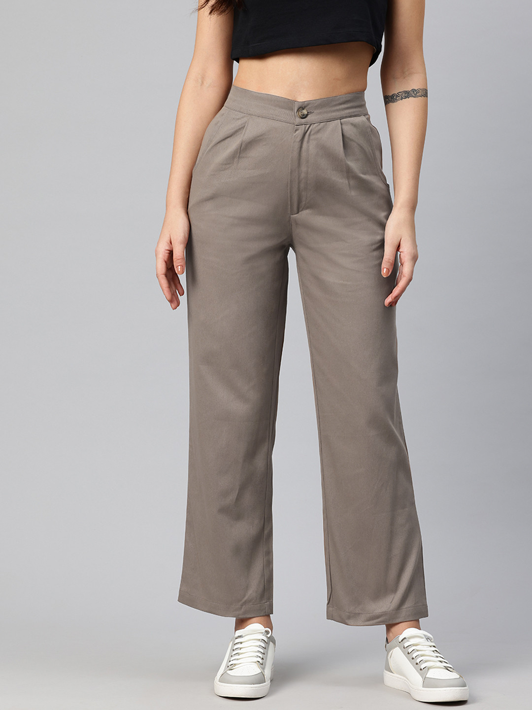 Buy Popnetic High Rise Pleated Pure Cotton Parallel Trousers - Trousers ...