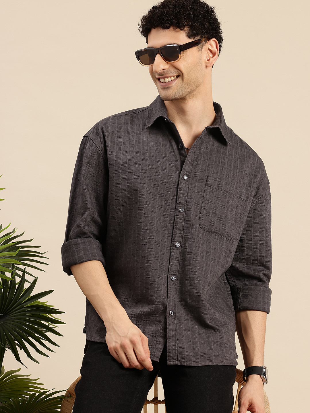 Buy Mast & Harbour Self Checked Pure Cotton Relaxed Fit Casual Shirt ...