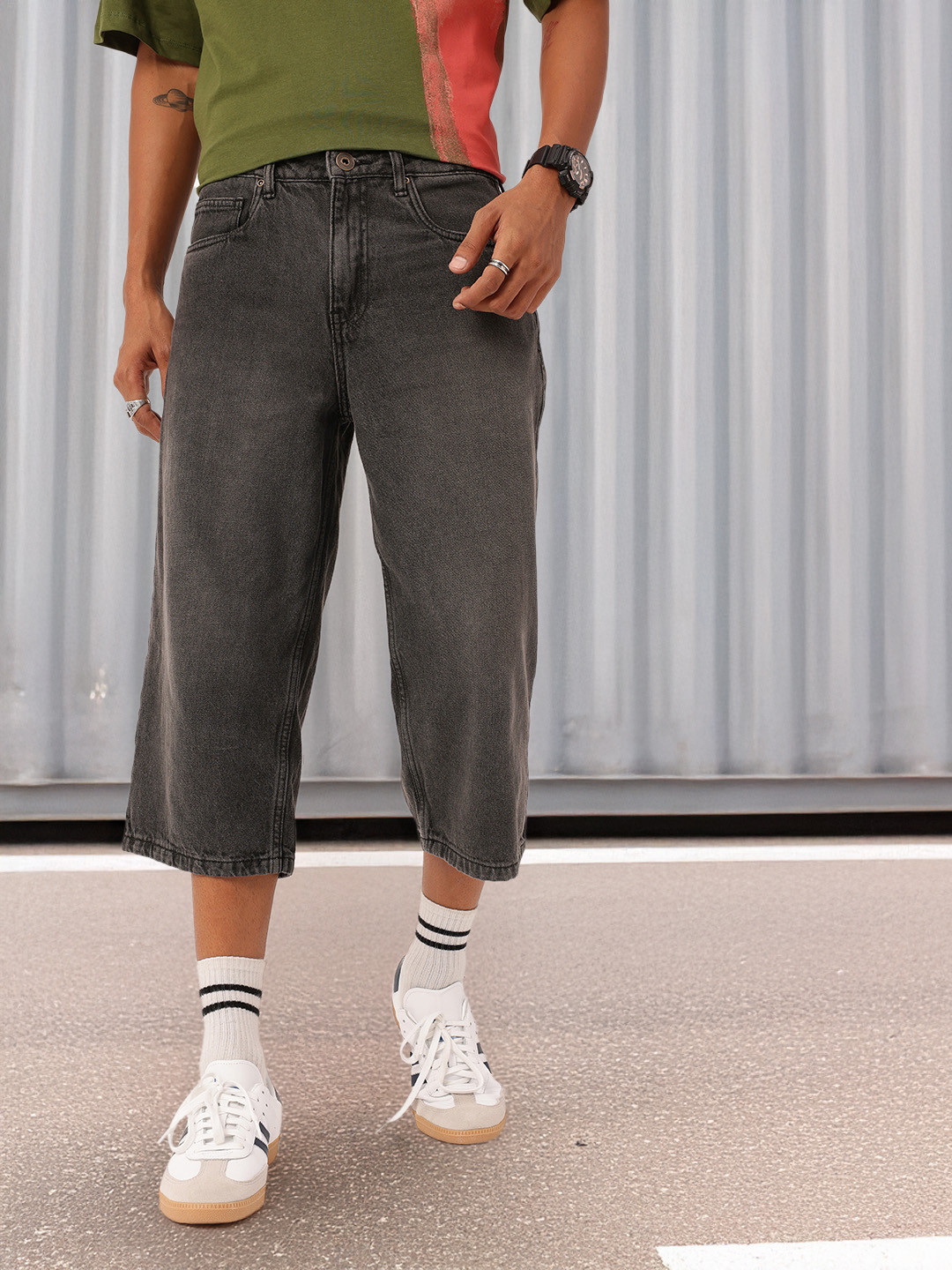 Buy Kook N Keech Men Skater Long Fit Light Faded Three Fourth Denim ...