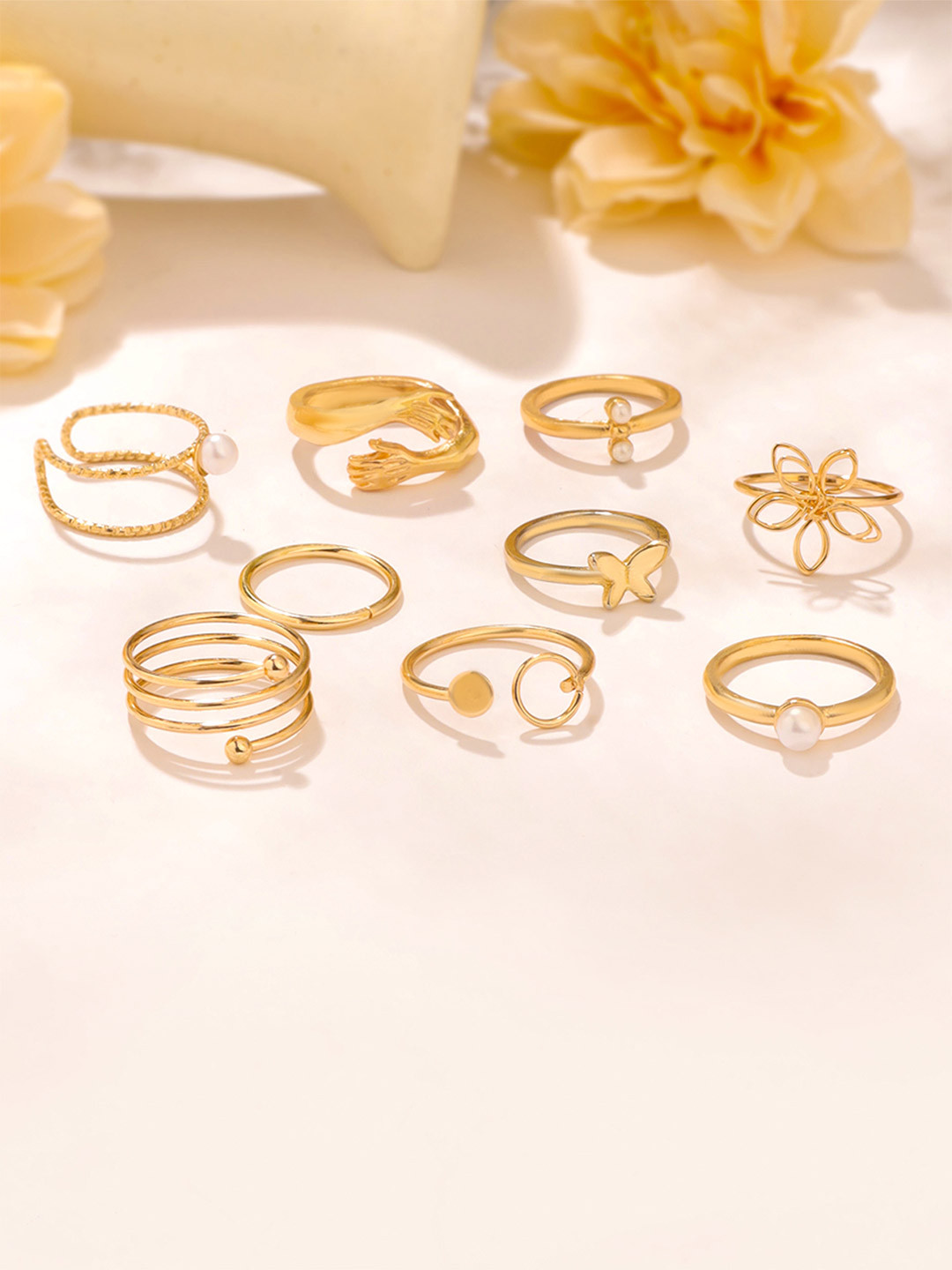 Buy Yellow Chimes Set Of 9 Gold Plated Pearls Beaded Knuckle Stackable ...