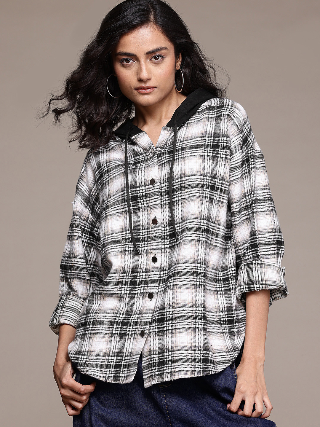 Buy The Roadster Lifestyle Co. Checked Hooded Pure Cotton Shacket ...