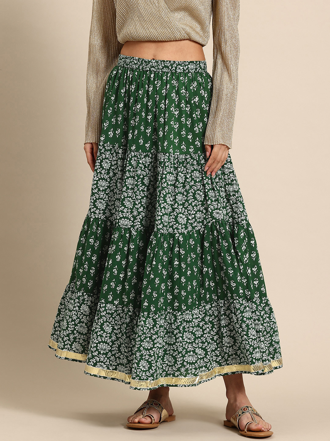 Buy Anayna Floral Printed Tiered Pure Cotton Flared Maxi Skirt - Skirts ...