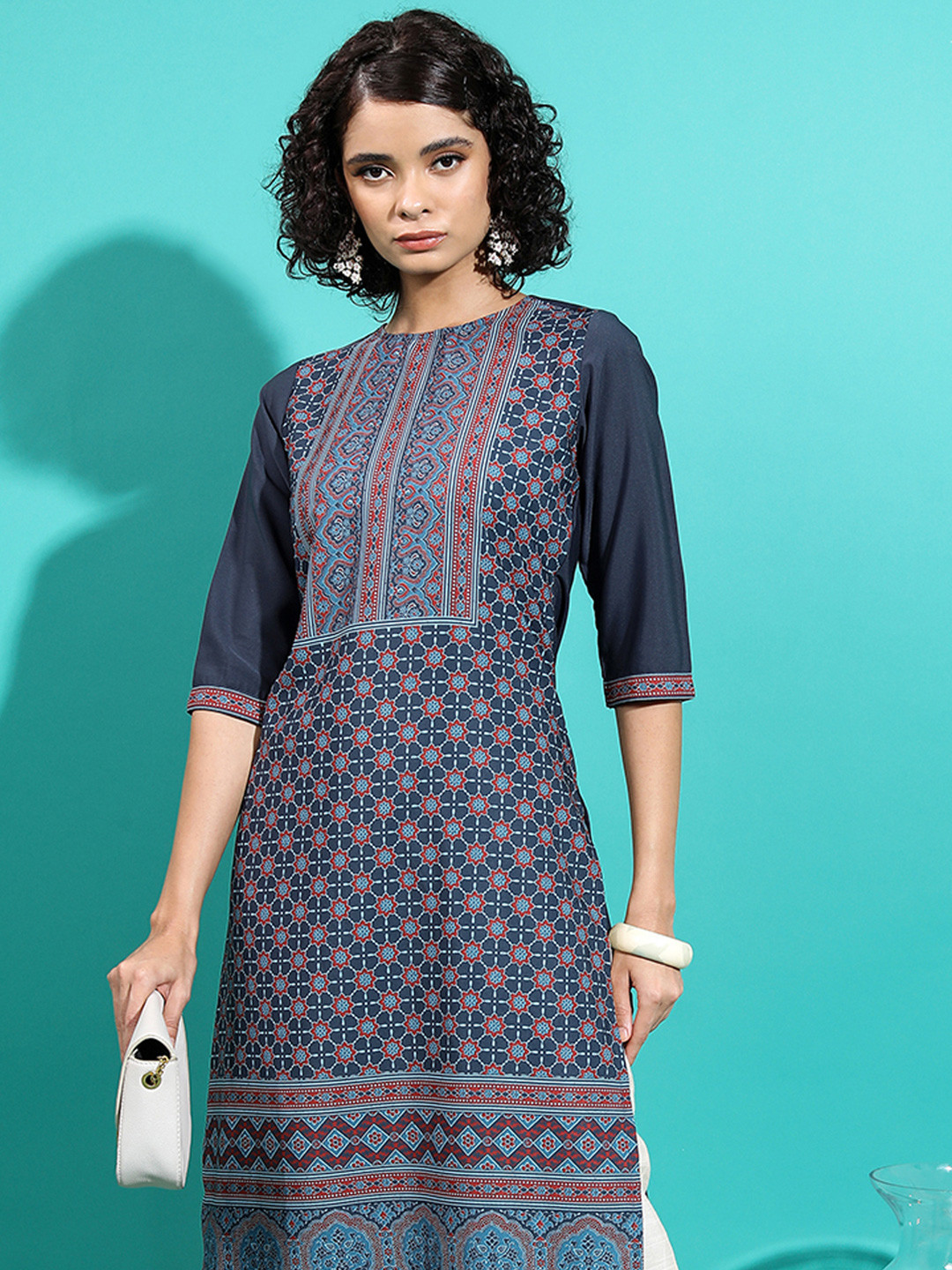 Buy Vishudh Navy Blue Ethnic Motifs Printed Round Neck Straight Kurta ...