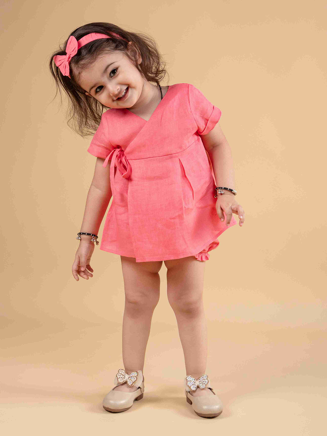 Buy TWEENY MINI Infant Girls Pure Linen Wrap Style Summer Dress With ...
