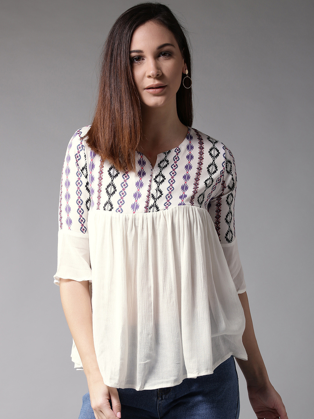 Buy HERE&NOW Women White Printed Empire Top - Tops for Women 3077338 ...