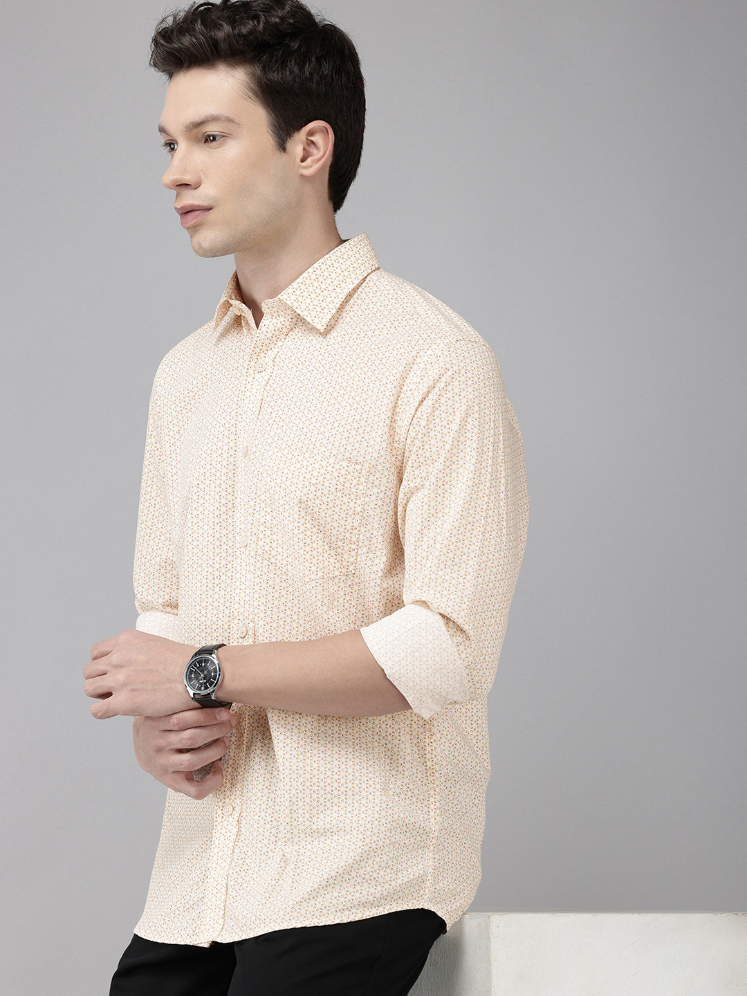 Buy ColorPlus Tailored Fit Opaque Geometric Printed Pure Cotton Casual ...
