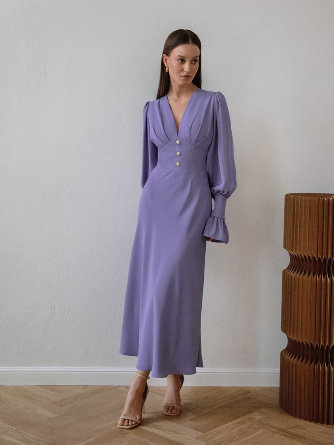 Buy KPOP Women V Neck Solid Long Sleeves Polyester A Line Dress ...