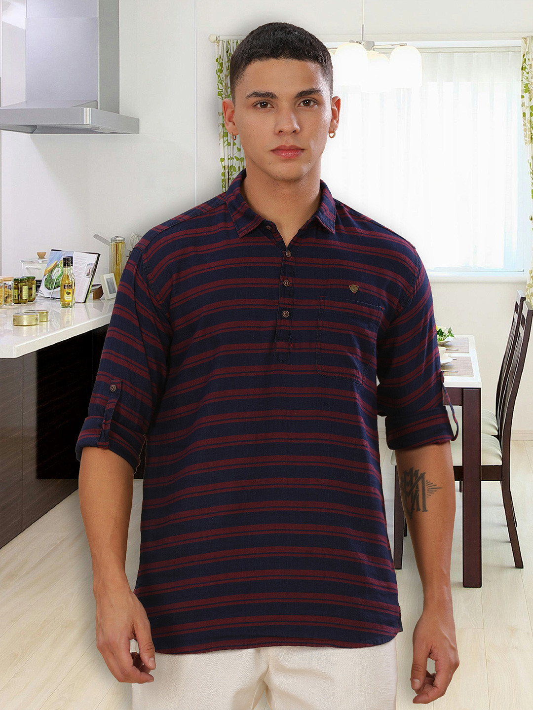 Buy Kuons Avenue Striped Shirt Collar Roll Up Sleeves Short Denim ...